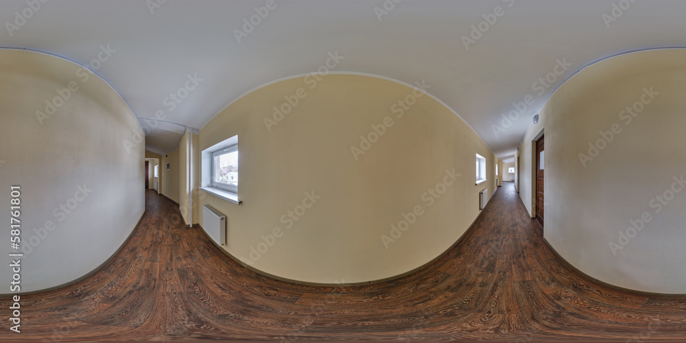 full seamless spherical hdri 360 panorama in interior of long narrow ...