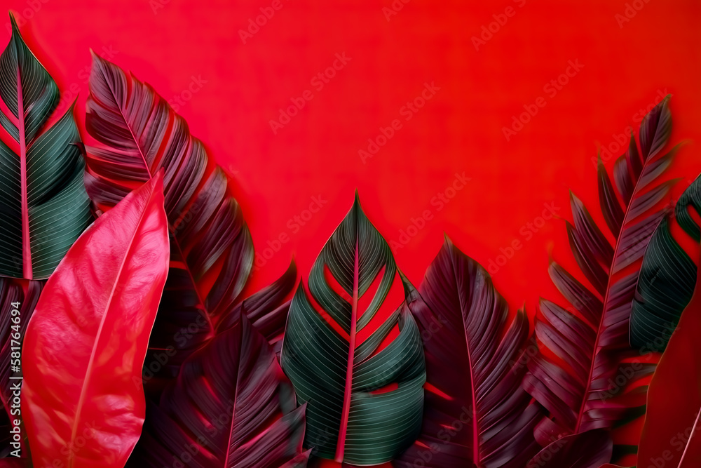 Collection of Red Tropical leaves Foliage plant in Red color with space ...