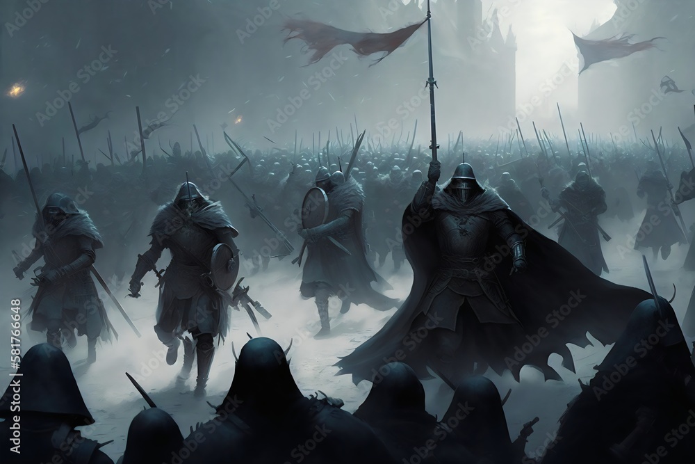 Fantasy scene of a knight with a sword fighting in the ruins Stock ...