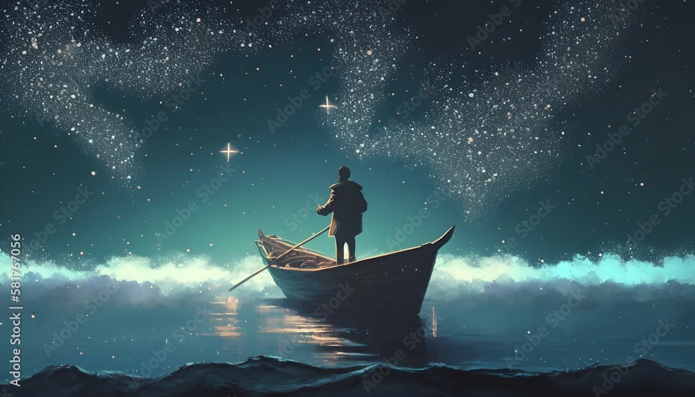 man rowing a boat in the sea under beautiful sky with stars ...