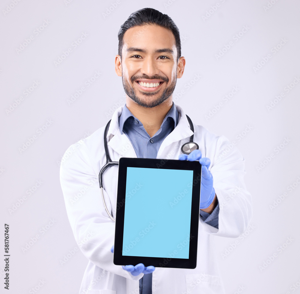 Tablet, green screen and doctor portrait isolated on a white background ...