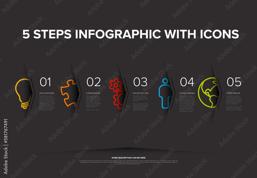 Five dark steps progress page template with big color icons Stock ...