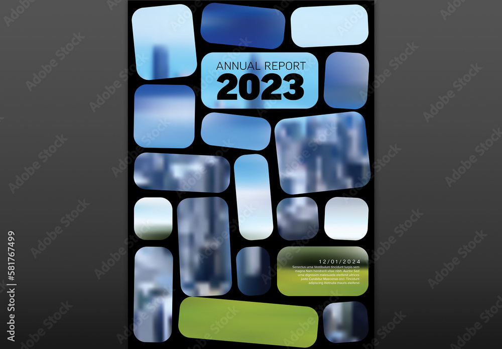 Dark annual report front cover page template with two photo mozaic ...