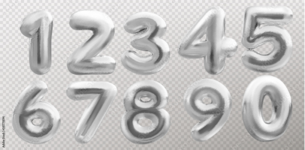 3d silver balloon number font, realistic isolated vector set. Steel ...