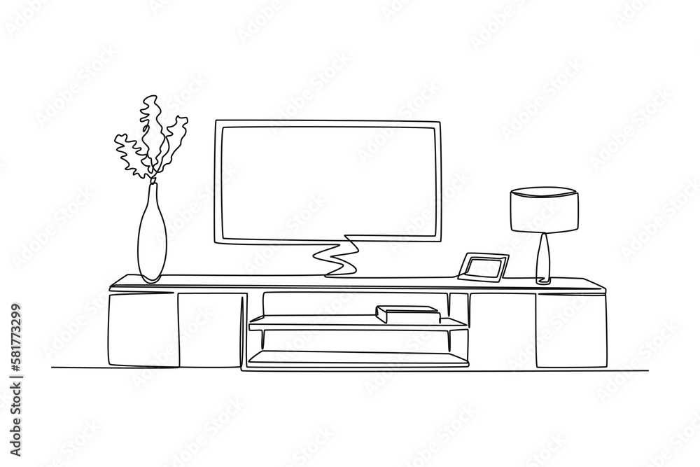 Continuous one-line drawing of tv set living room decoration. Living ...