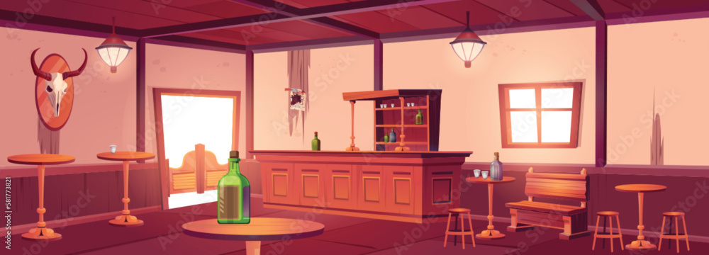 Western saloon wood interior. West cowboy bar with bottle on table ...