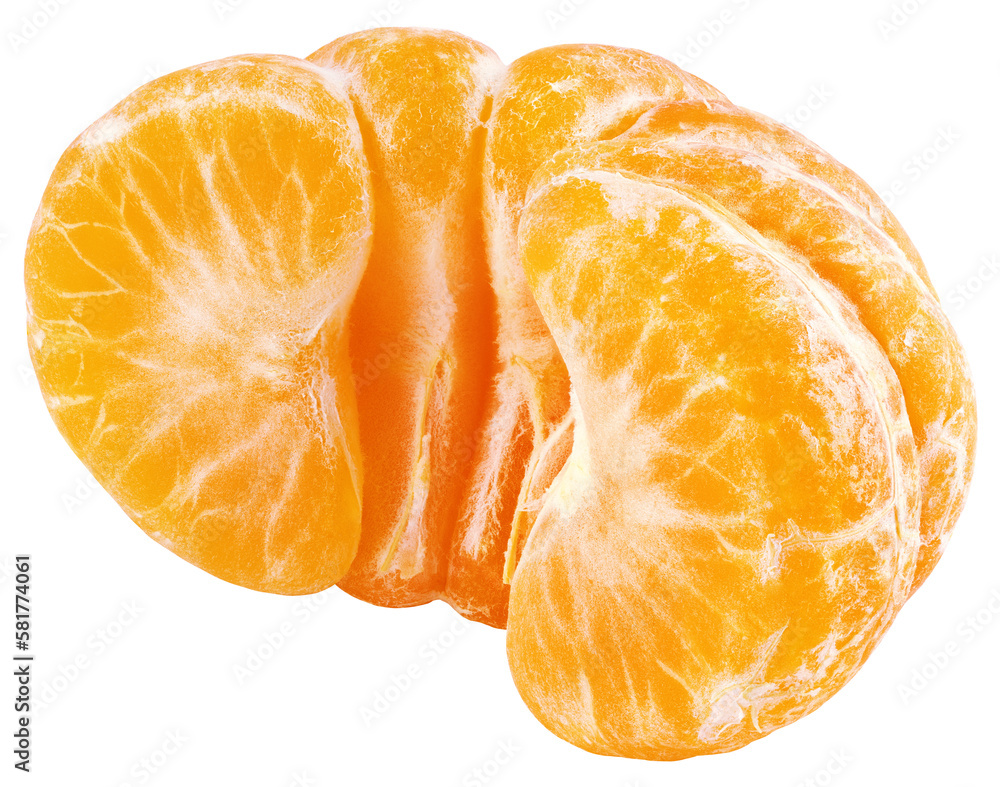 Ripe half of peeled mandarin or orange citrus fruit isolated on ...