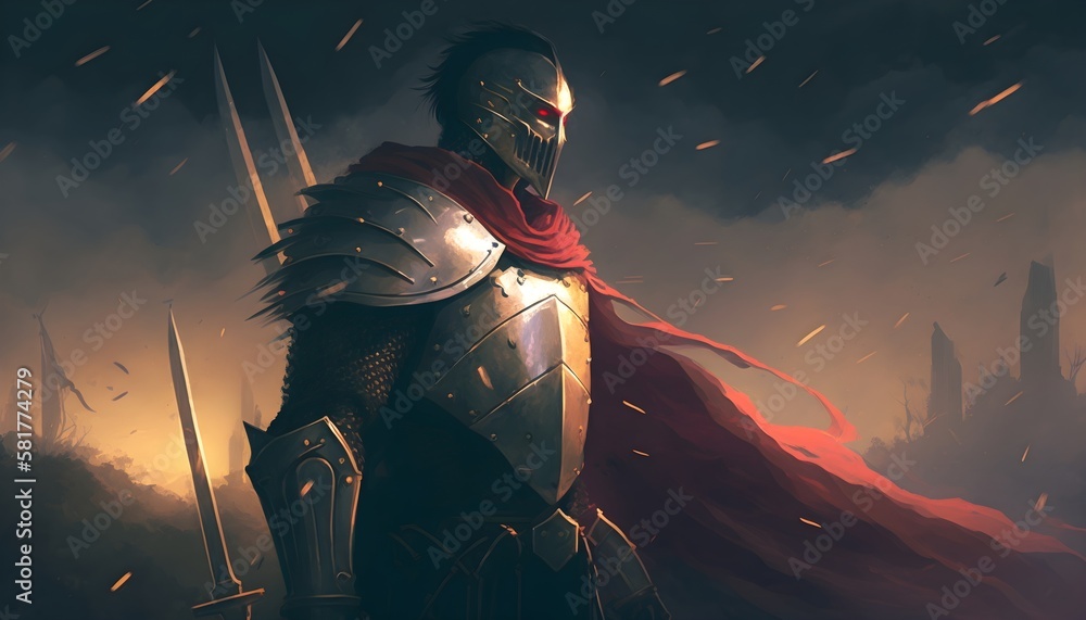 the undead knight in medieval armors prepares for battle against a ...