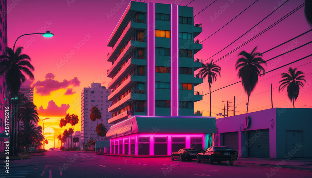 Miami art deco building with neon and sunset. Generative AI. Stock ...