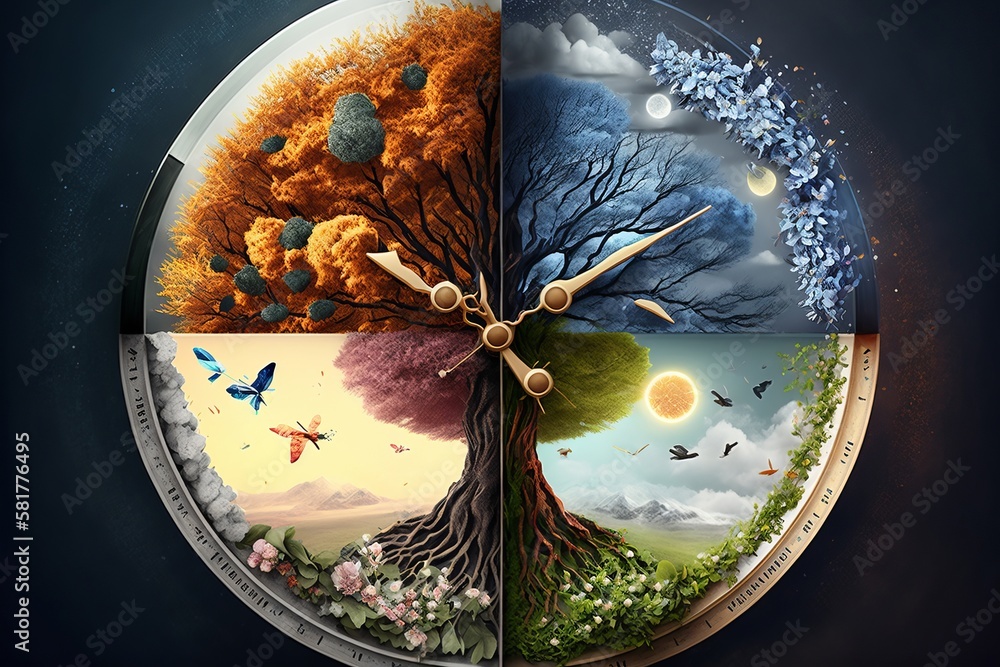 Four seasons in a clock made with Generative AI Stock-Illustration ...