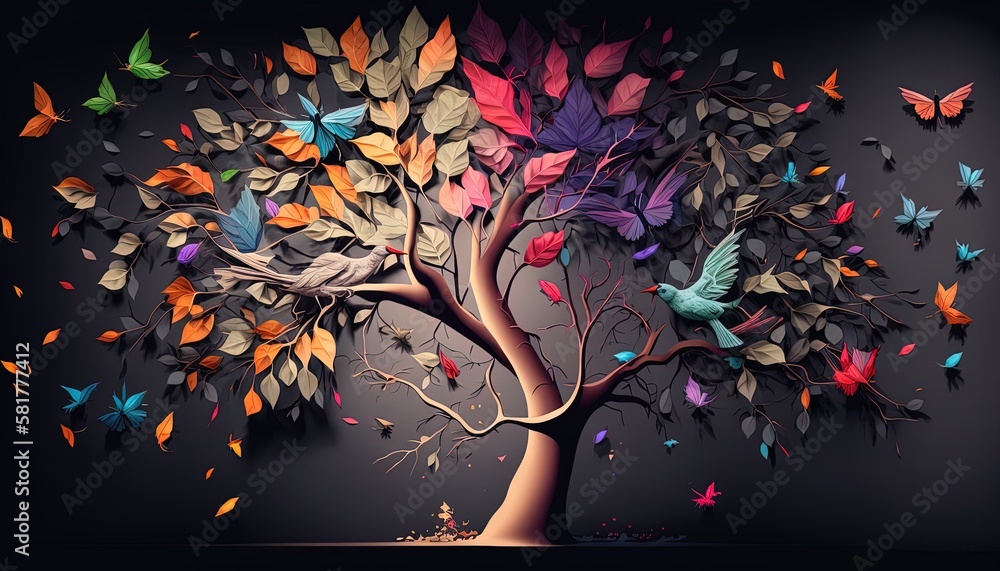 Elegant Abstract Tree with Leaves on Hanging Branches illustration ...