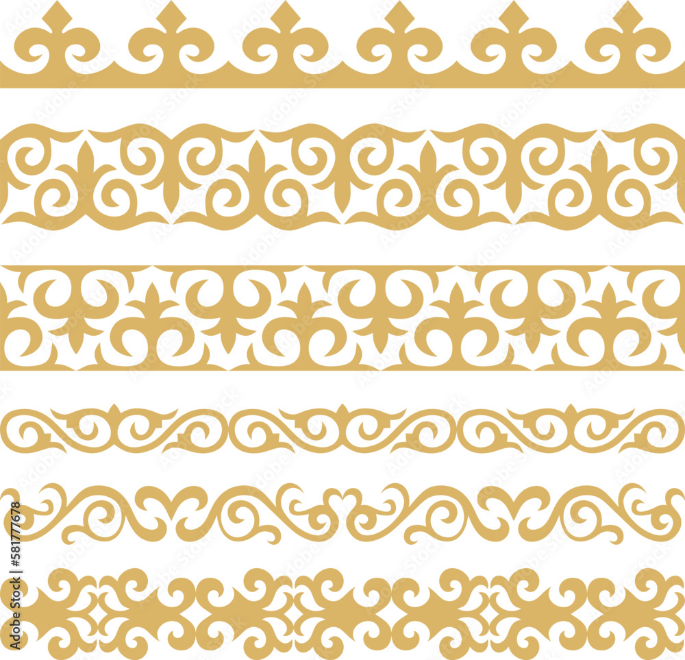 Set of vector gold seamless Kazakh national ornament. Ethnic pattern of ...
