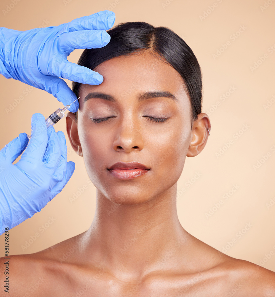 Studio, face lift or Indian woman with injection for beauty, plastic ...
