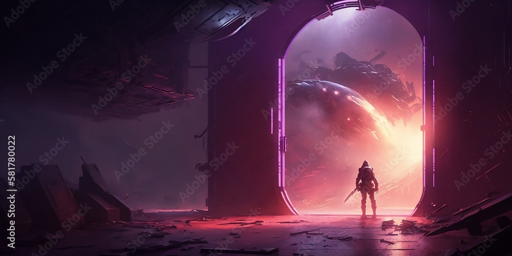 Сorridor of an old space station, purple and red lighting, remains of a ...