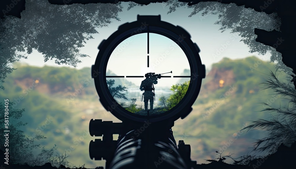 View through scope sniper rifle to military soldier with gun, sniper aiming for take a shot and ...
