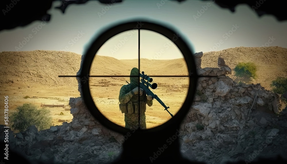View through scope sniper rifle to military soldier with gun, sniper ...