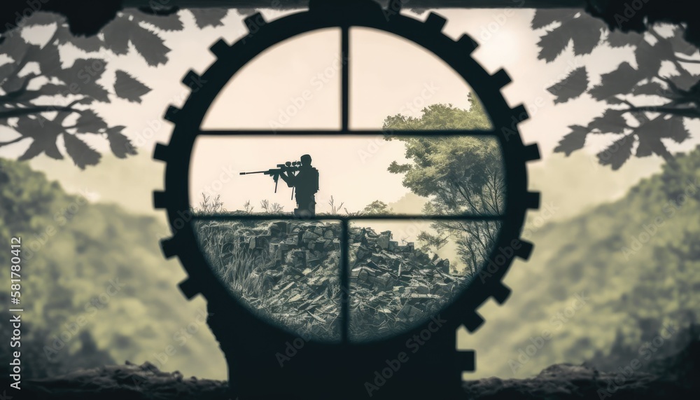 View through scope sniper rifle to military soldier with gun, sniper aiming for take a shot and ...