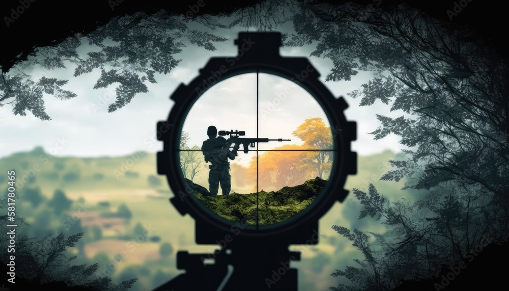 View through scope sniper rifle to military soldier with gun, sniper ...