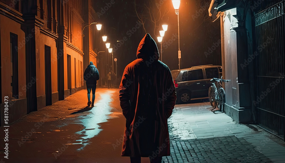 Robber in hood watches woman silhouette walking alone dark street ...