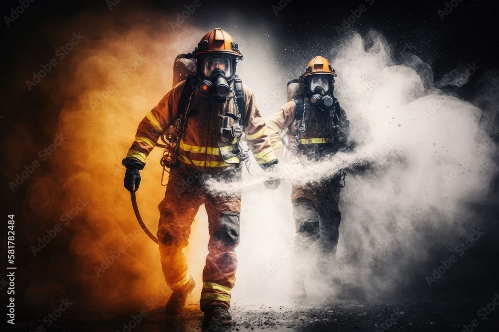 Firefighters using Twirl water fog type fire extinguisher to fighting ...