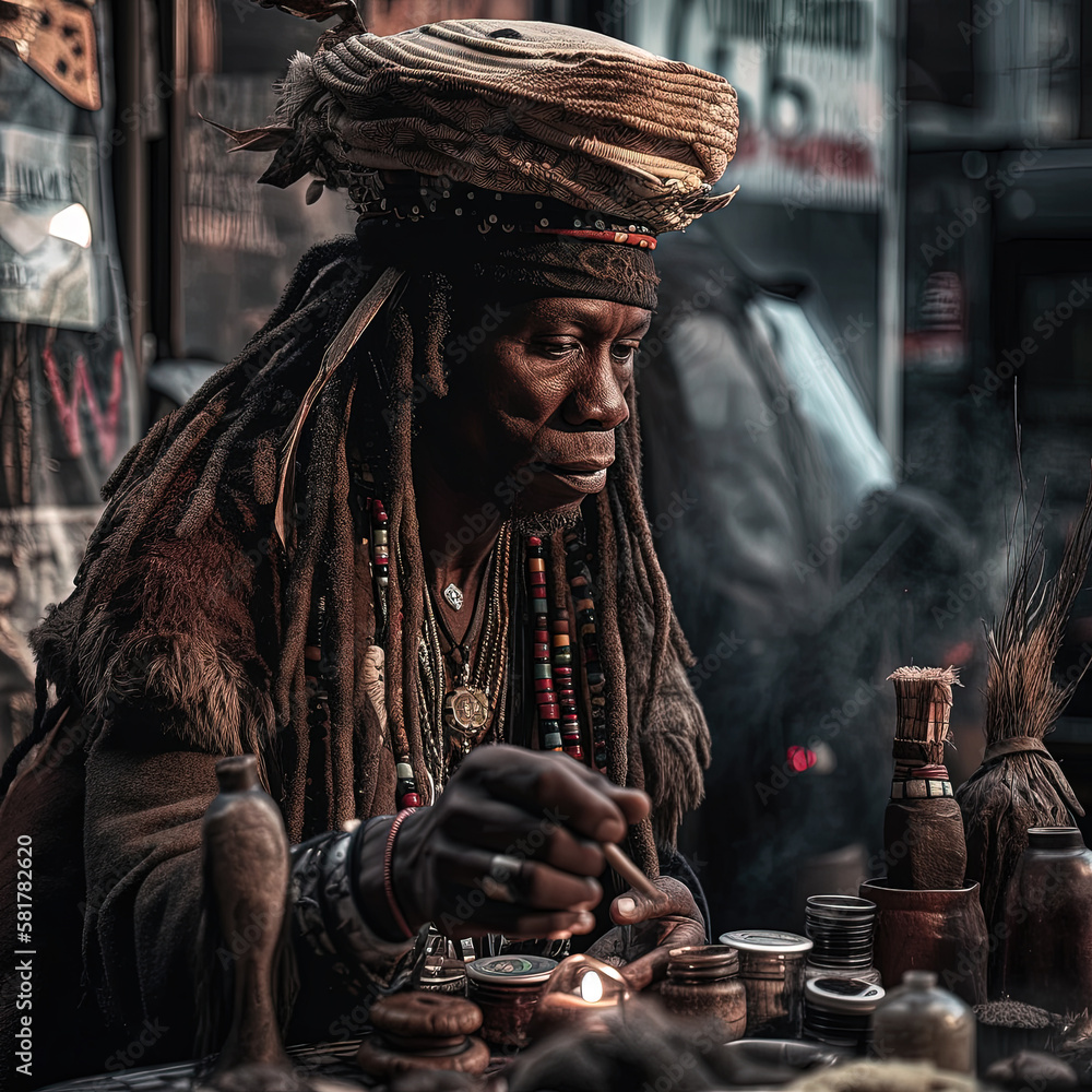 Voodoo shaman mixing potions in an outdoor market. Generative AI. Stock ...