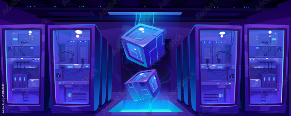 Vetor de Modern data center room interior design. Vector cartoon ...