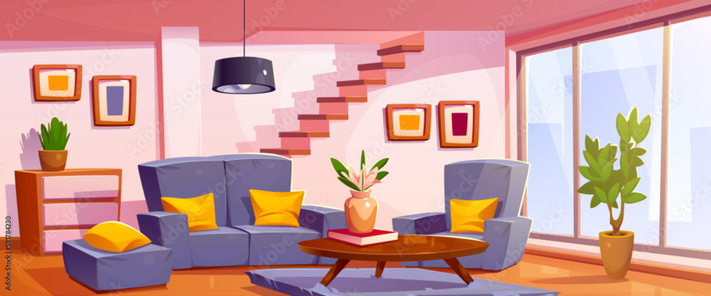 Cartoon living room interior design with furniture and decor. Vector ...