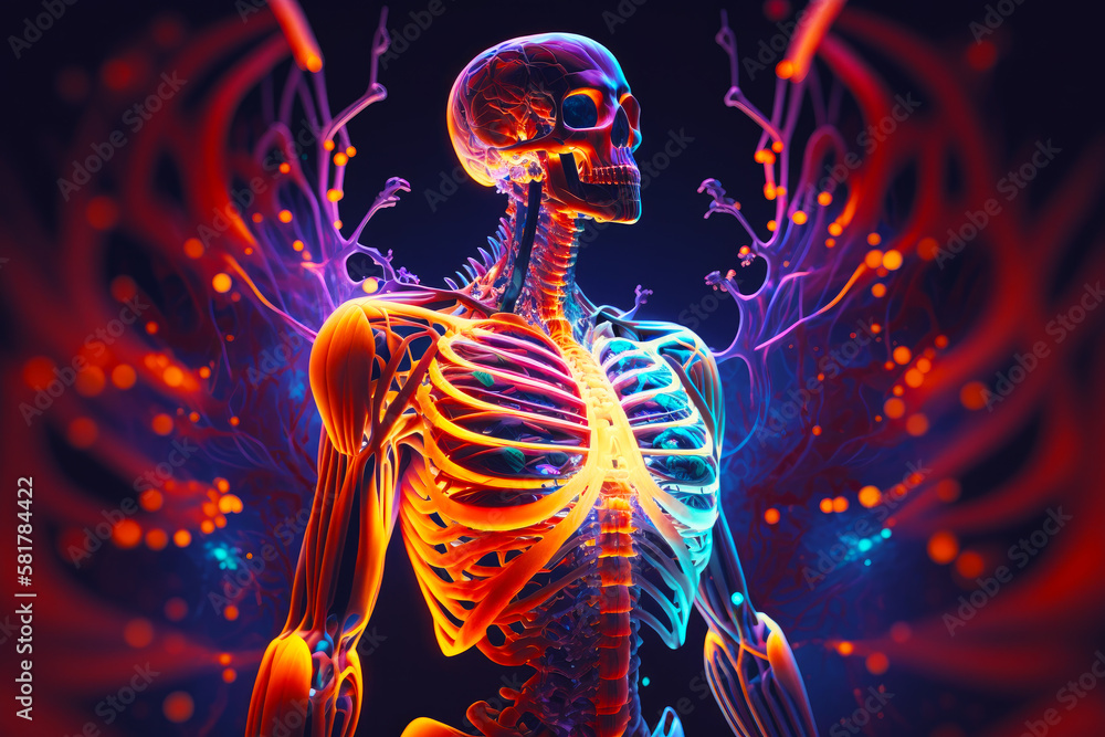 Human skeleton is shown in neon colored image of human body with ...