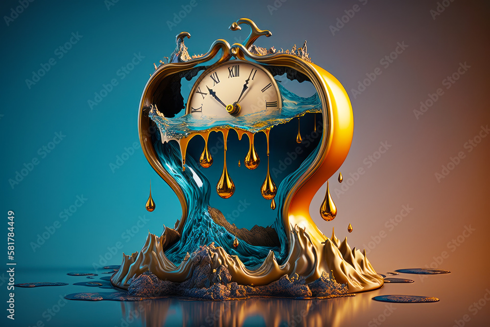 Clock in the middle of body of water with drops of water around it ...