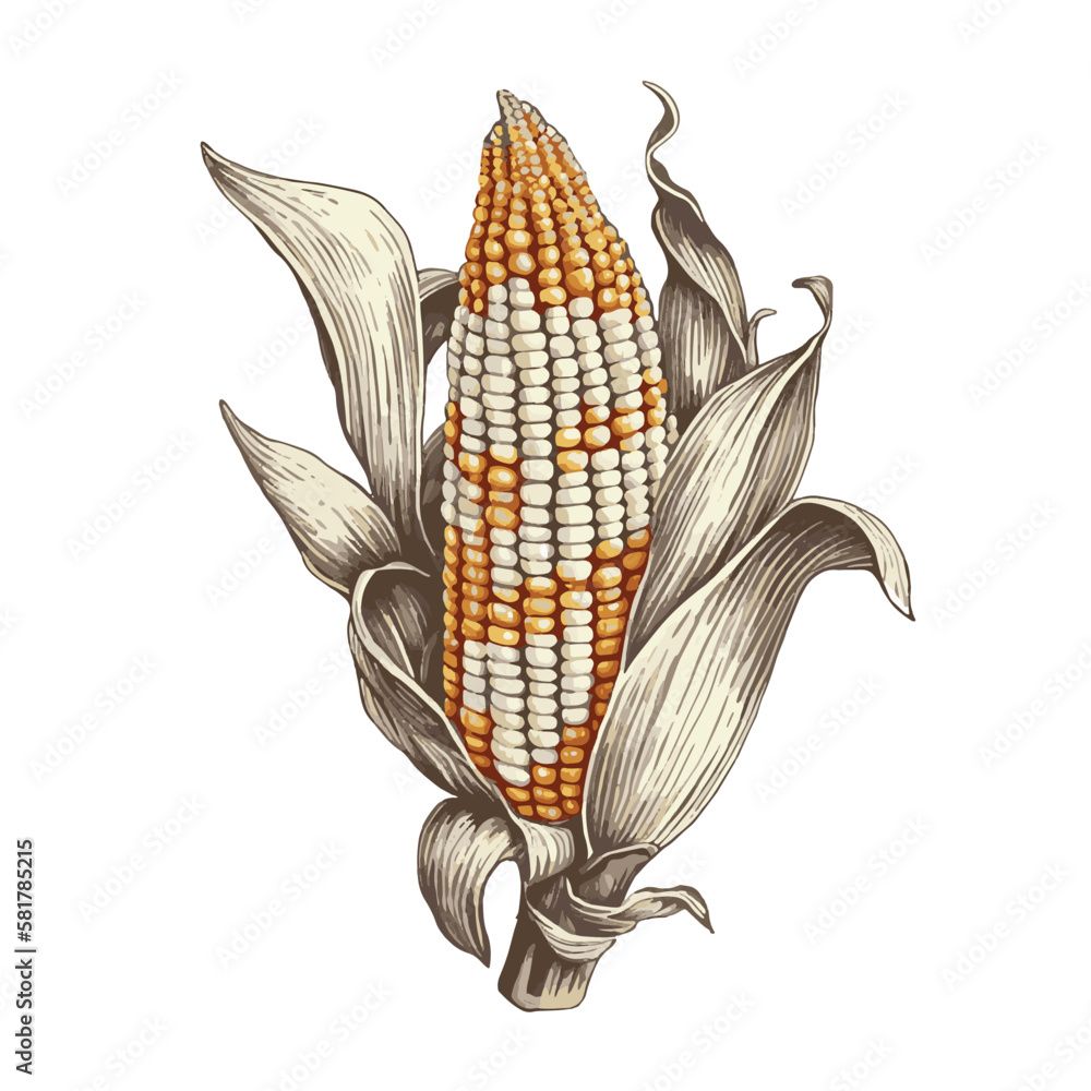 Corn, grains and cornlets. Ink sketch of maize isolated on white ...