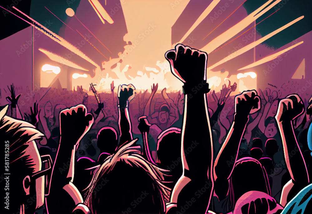 Crowd raising their hands at music concert. Audience enjoying rock ...