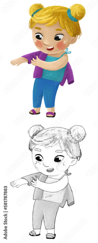 cartoon child kid girl taking off or putting on clothes by him self ...