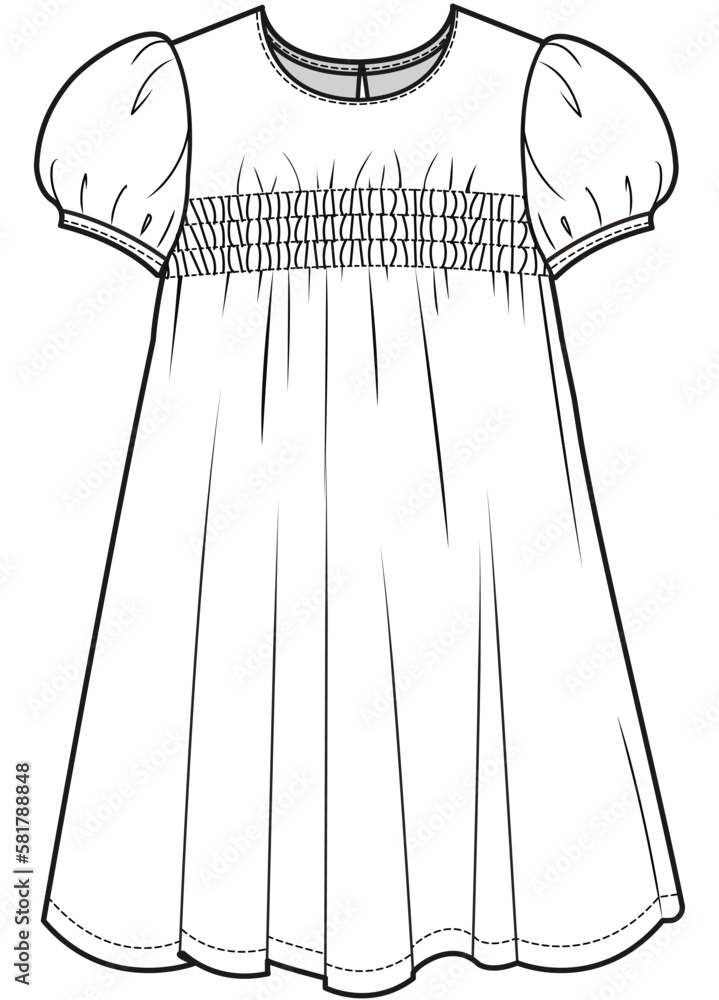 girls puff sleeve smocked dress flat sketch vector illustration short ...