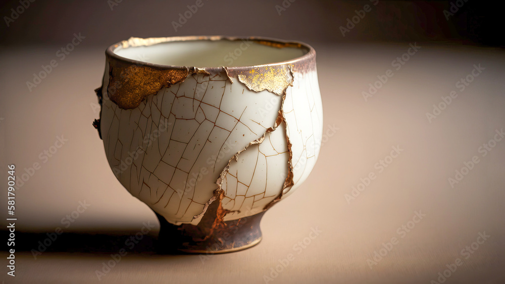 Wabi sabi cup repaired using japanese Kintsugi technique emphasizing ...