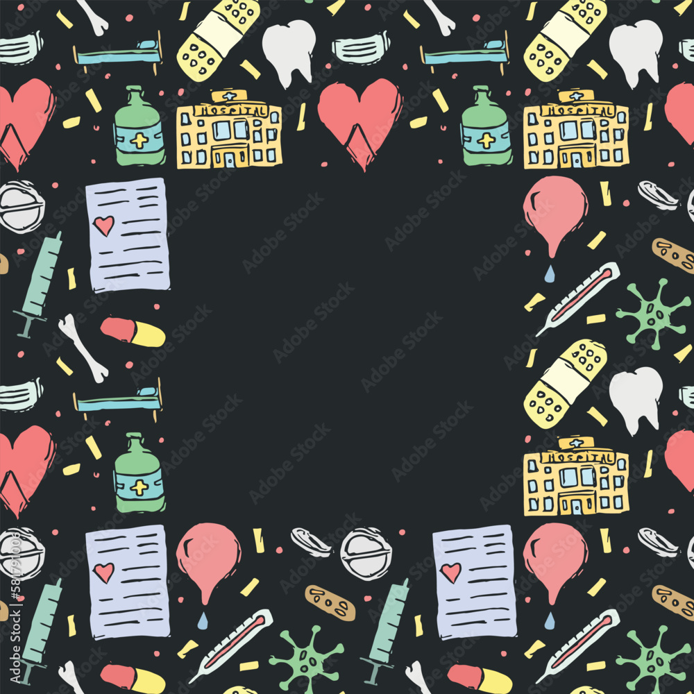seamless medicine frame. Doodle vector background with medicine icons ...