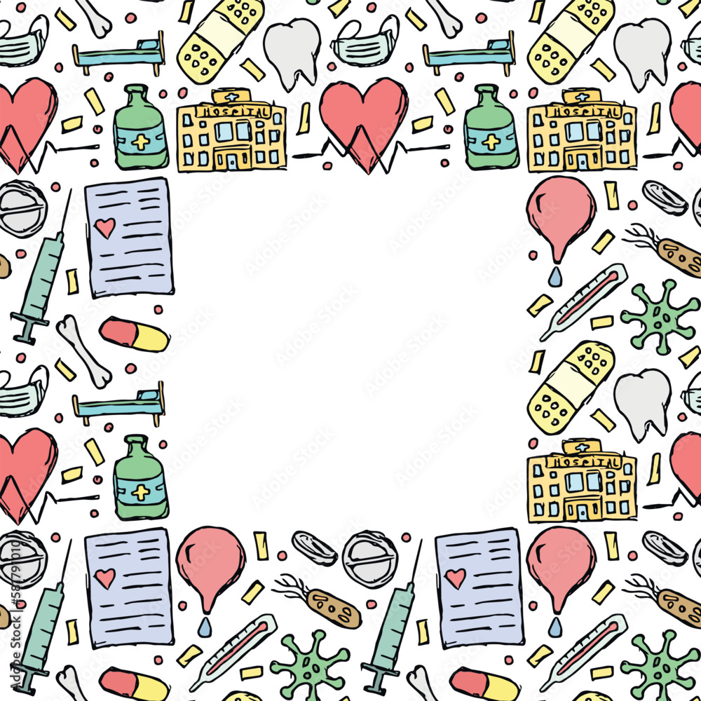seamless medicine frame. Doodle vector background with medicine icons ...