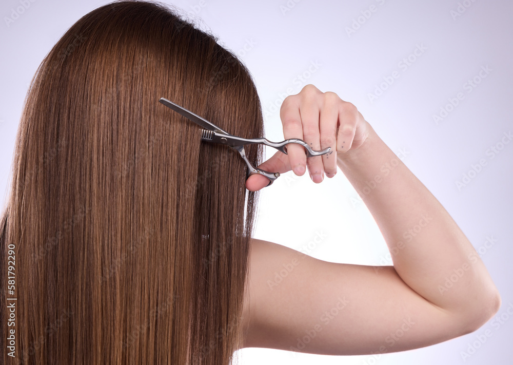 Woman, scissors and cut haircut on studio background for aesthetic ...