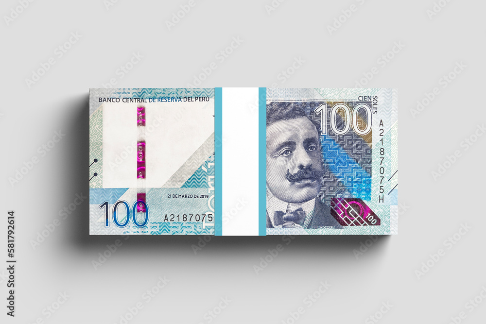 wad of peruvian banknotes, peruvian currency on a white background in ...