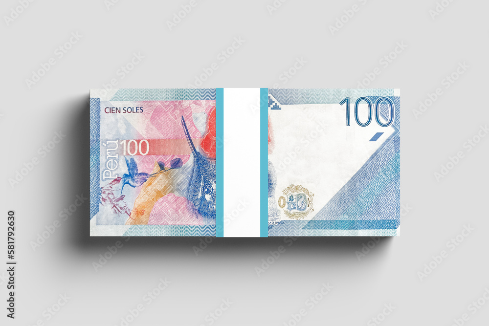 wad of peruvian banknotes, peruvian currency on a white background in ...