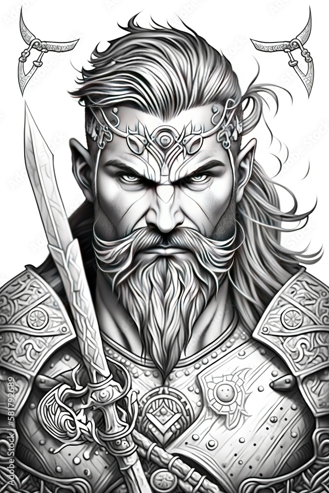 A colouring book page: Viking warrior, Norse mythology, Vikings created with Generative AI ...
