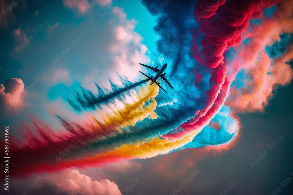 Generative AI of air-show with planes and colorful smoke in the sky ...