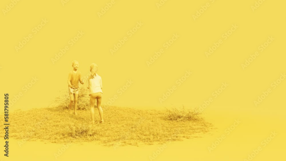 Two young girls playing ball on grass monochromatic plain yellow ...