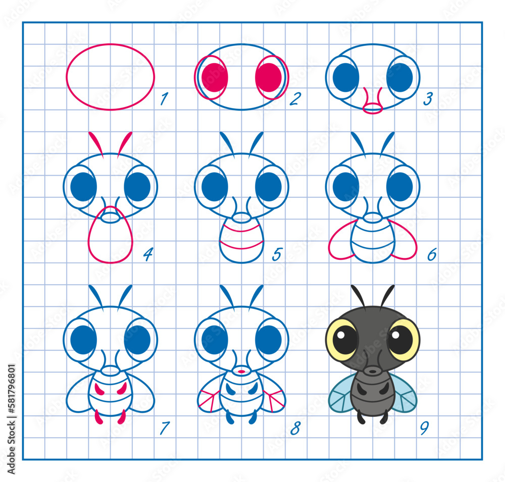 How to Draw Insect, Step by Step Lesson for Kids, Fly Cartoon Vector ...
