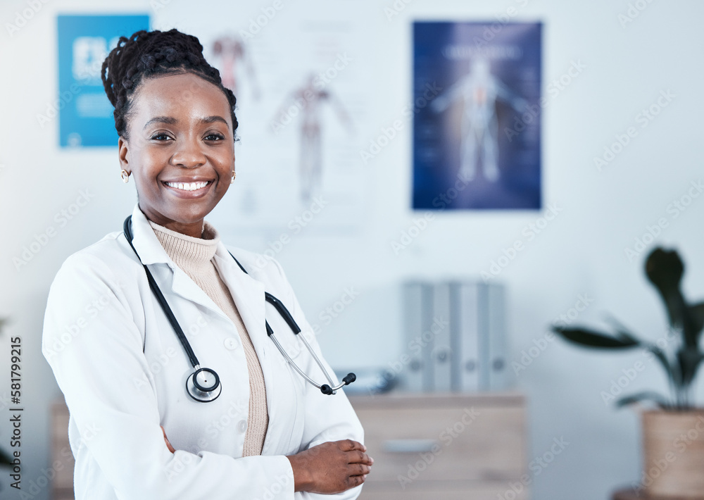 Happy, portrait and black woman doctor proud in hospital, excited or ...