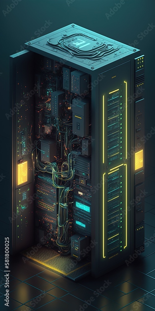 Design element depicting a server room as a node in a network, used in node-based programming ...