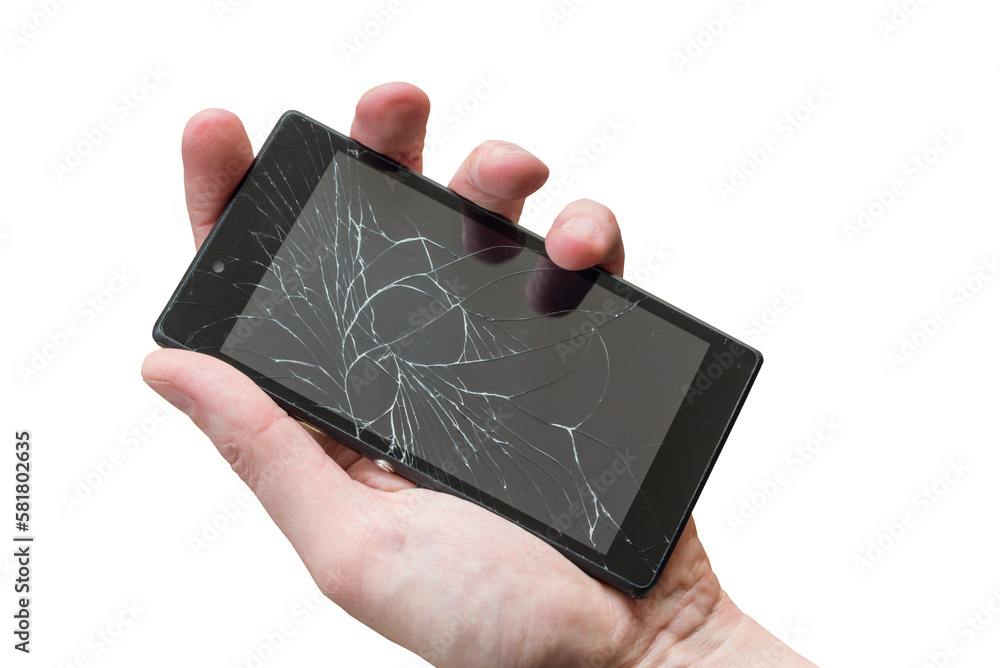 Hand holding a broken smartphone, isolated on transparent background ...