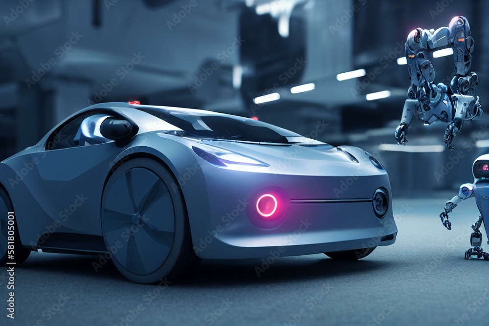 Robot study or research ev car with pack of battery cells module on ...