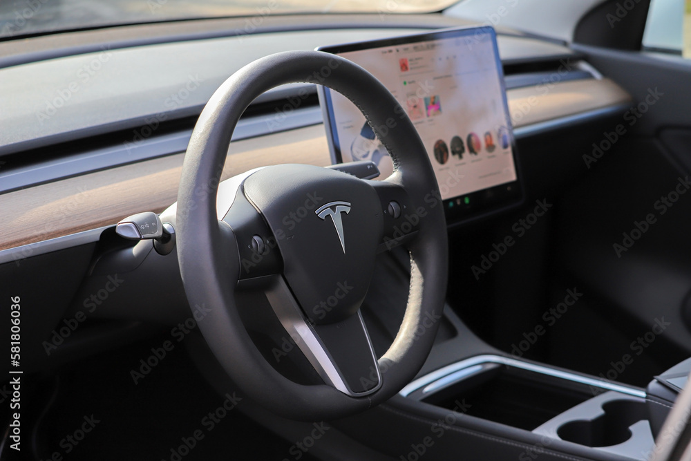 Driver's seat of the interior car Tesla Model Y Stock Photo | Adobe Stock