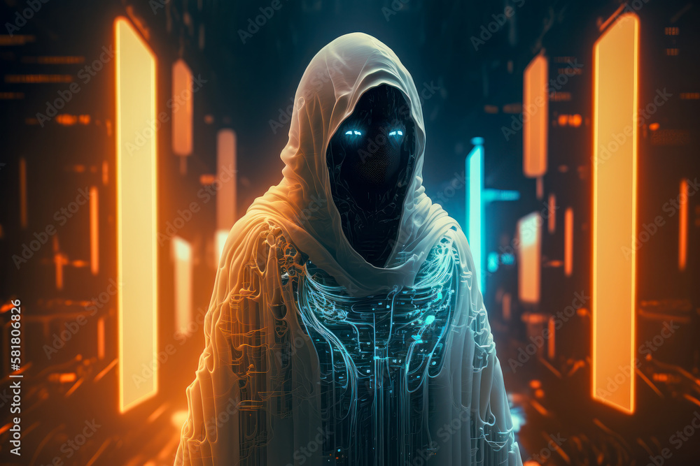 AI ghost hacker neural network wears hooded cloak. Analyses your big ...
