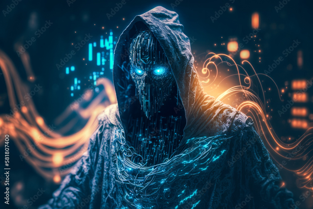AI ghost hacker neural network wears hooded cloak. Analyses your big data personal banking ...